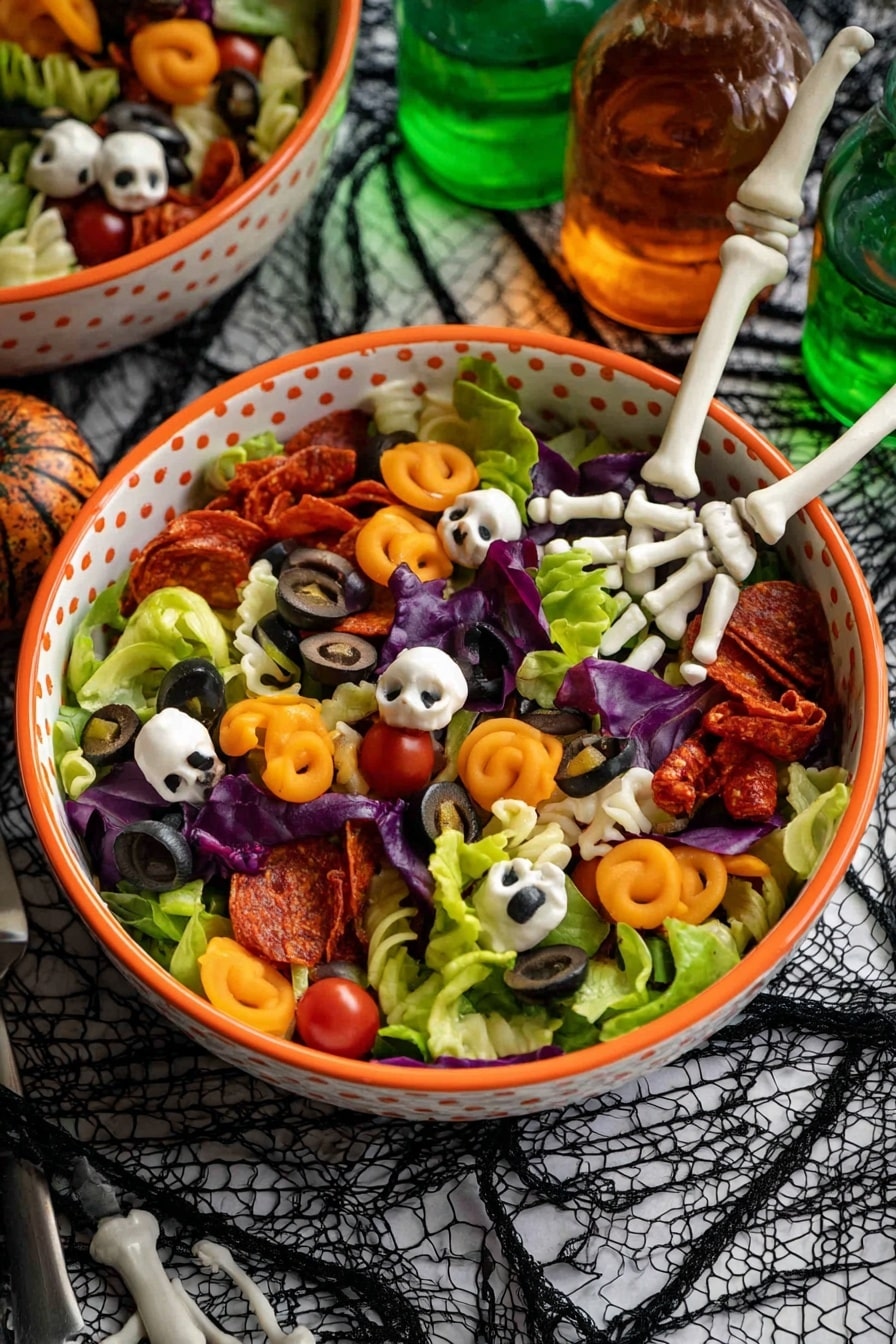 Spooky Halloween Salad with Colorful Tortellini & Cheese Skulls